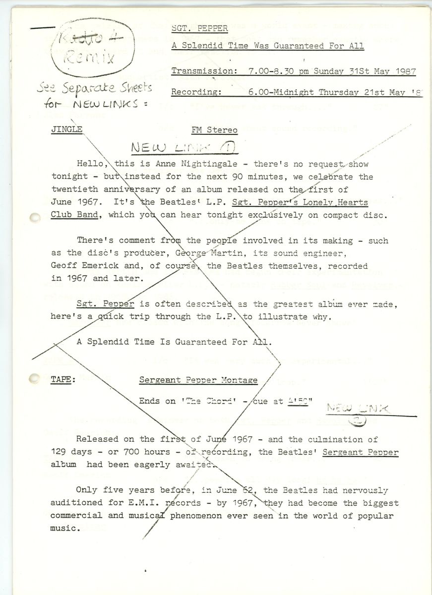 VINTAGE PHOTOCOPY OF THE BBC TRANSCRIPT FOR SGT PEPPER 20 YEAR ...