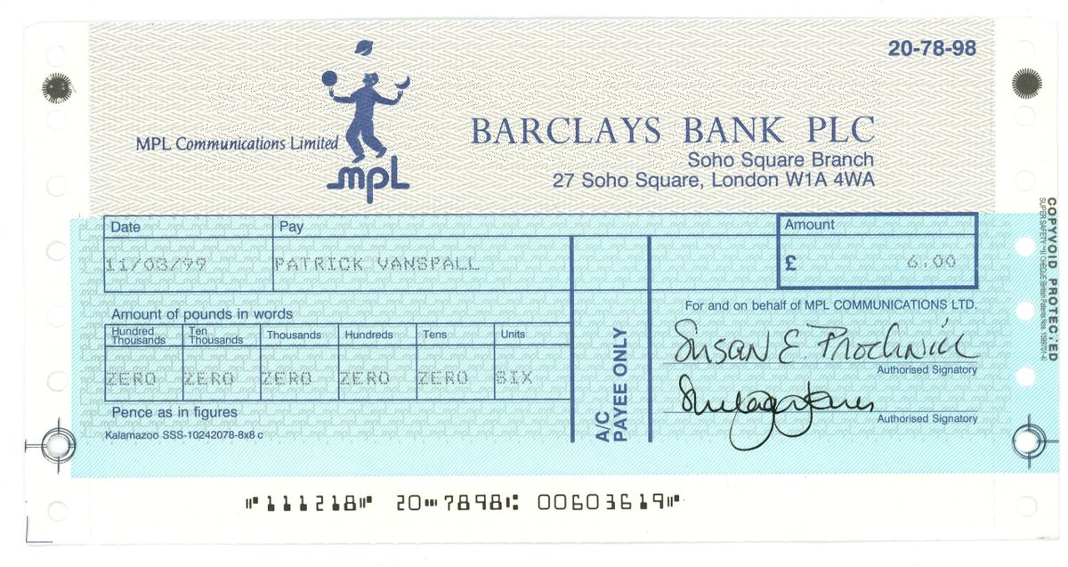 An original MPL Barclays Bank cheque 1999