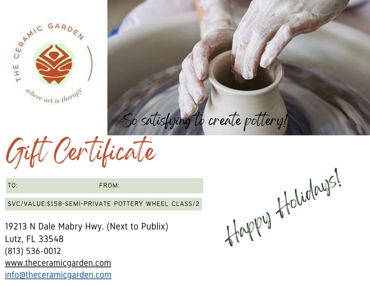$158 Gift Certificate for one semi-private pottery on the wheel class ...