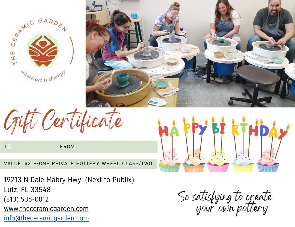 $238 Gift Certificate for one Private Pottery Wheel Class for 2 persons