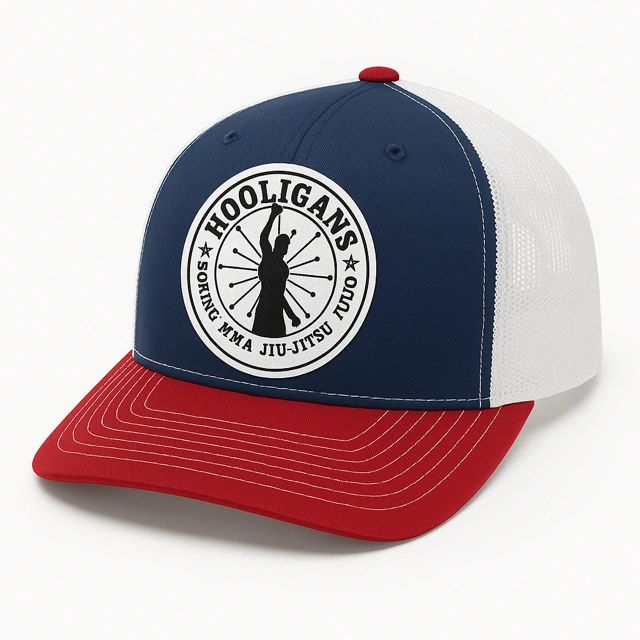 Hooligans Official Champion Fight Team Logo Red, White, and Blue Hat