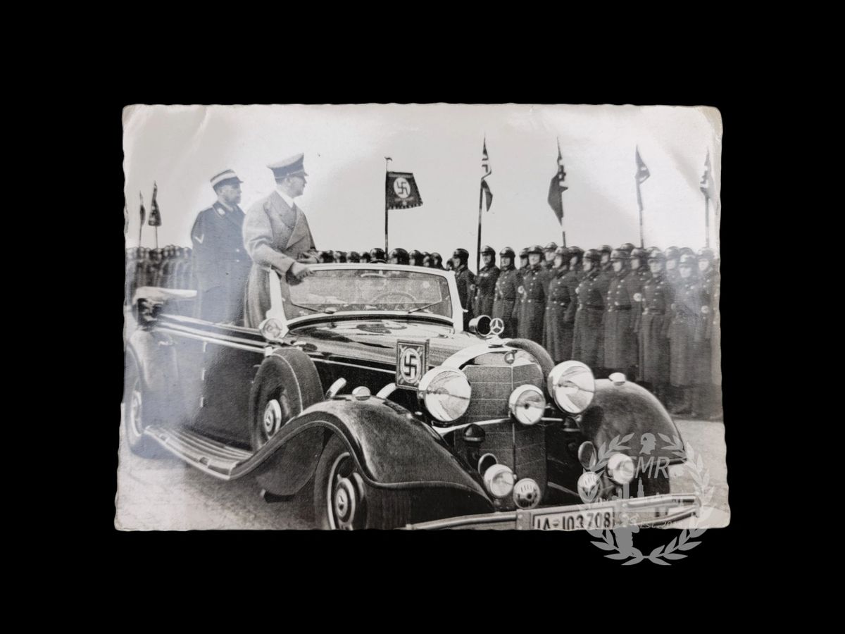 WWII Postcard of Hitler in His Car Inspecting the Troops