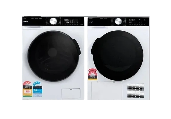 OMEGA White Washer & Dryer Package - 8kg Heat Pump Clothes Dryer & 8kg ...