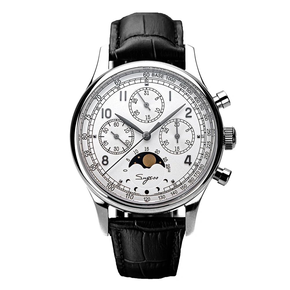 S389 white mechanical chronograph moonphase watch 40 mm