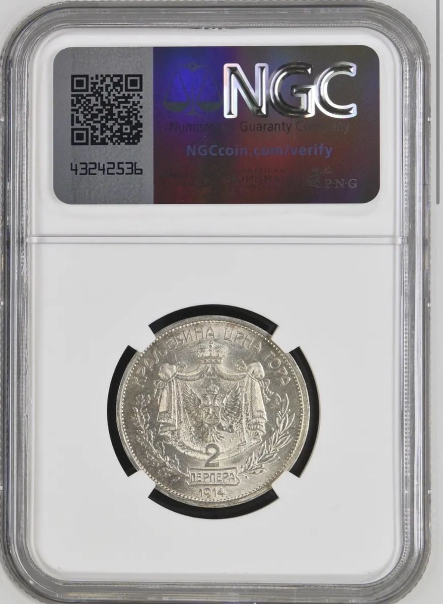 Montenegro, 1914 Silver 2 Perpera, NGC MS62, Rare