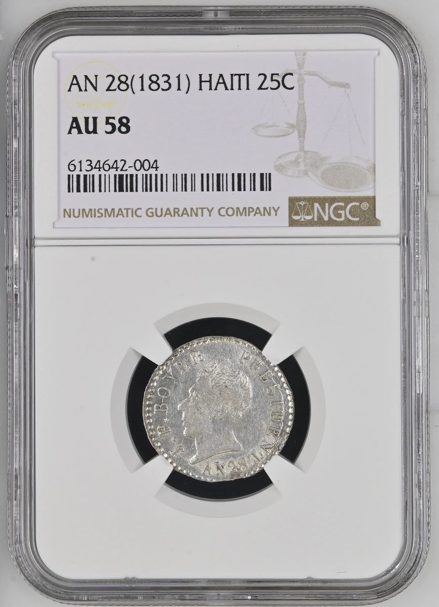 Haiti, 1831 (AN 28) Silver 25 Cents, NGC AU58, Second Top Pop, Rare