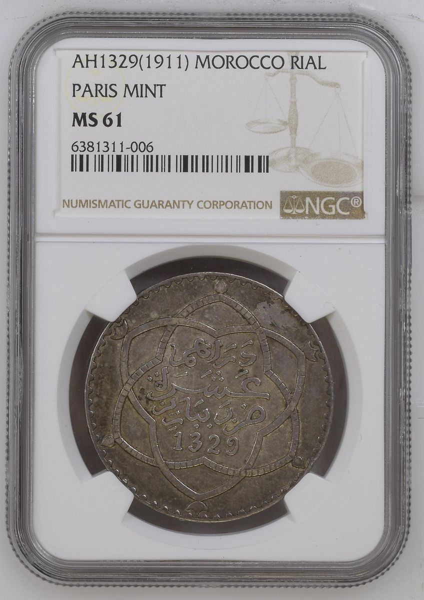 Morocco, 1911 (AH 1329) Silver Rial, NGC MS61, Scarce