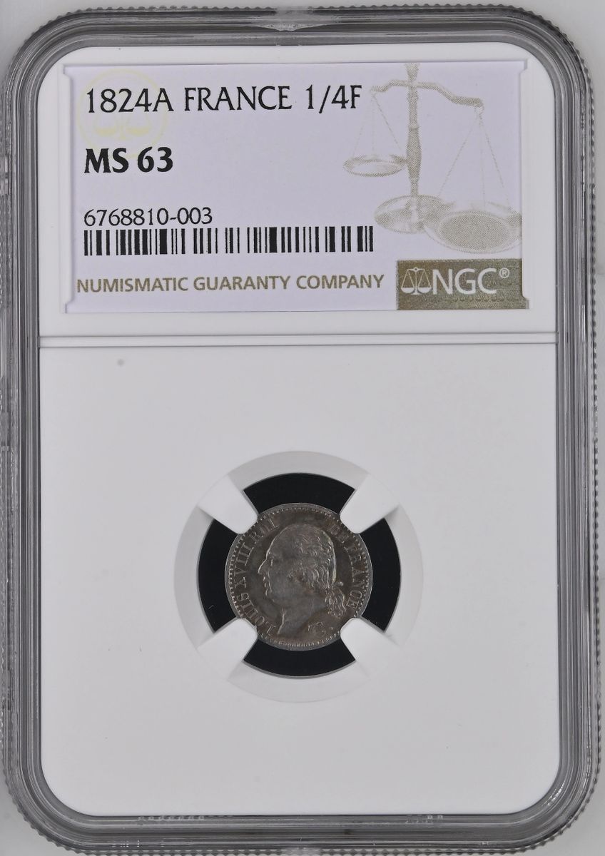 France, 1824 1/4 Franc, NGC MS63, Second Top Pop, Rare