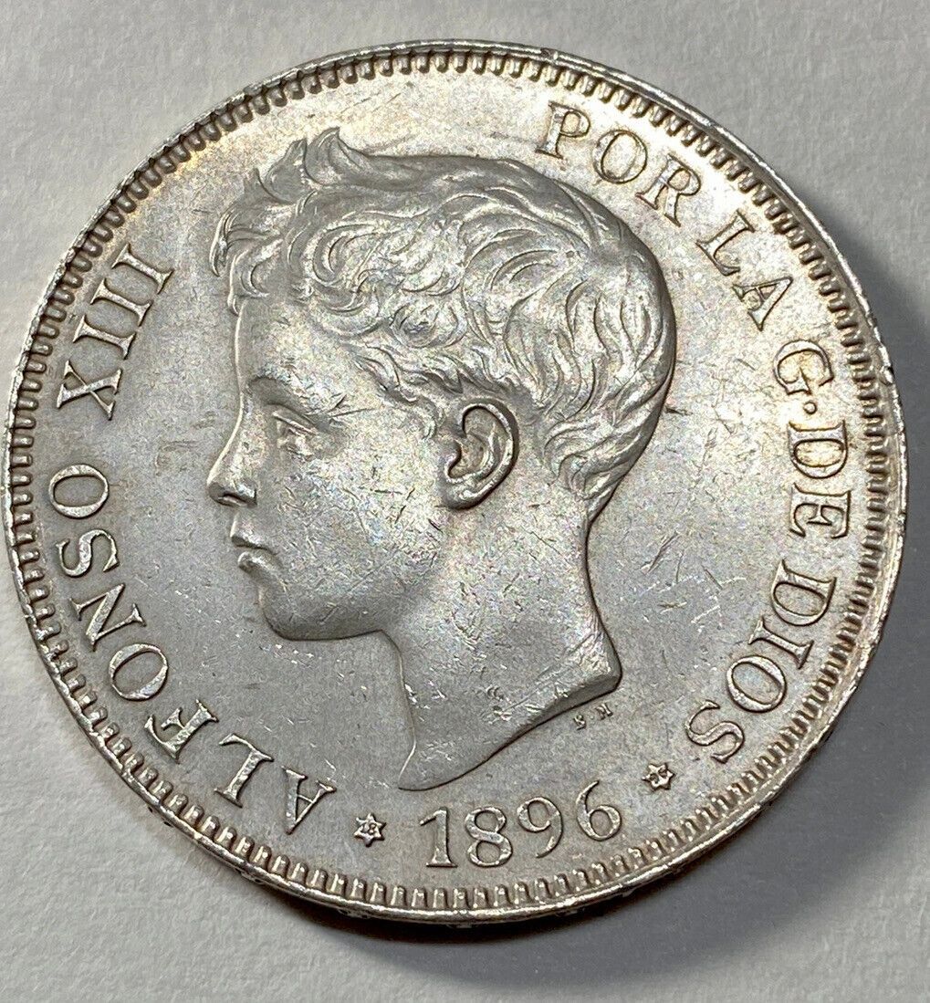 Spain, 1896 SGV Silver 5 Pesetas, UNC, Rare In This Condition