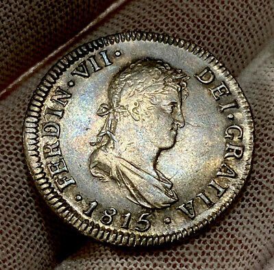 Chile, 1815 Silver 2 Reales, Santiago Mint, Very High Grade, Extremely Rare In This Condition