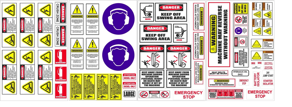 Excavator LARGE Risk Assessment Safety Stickers kit 12t to 50t UV LAMINATED