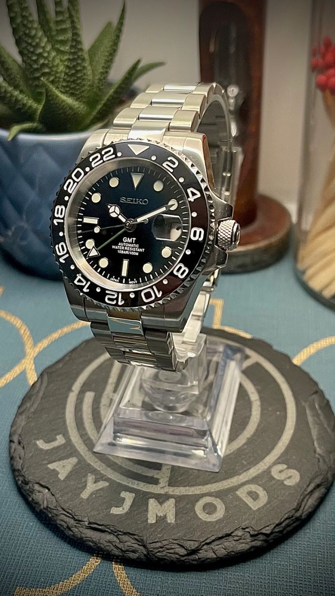 JayJMods Black Dial Stainless Steel NH34 GMT Homage with Black & White ...