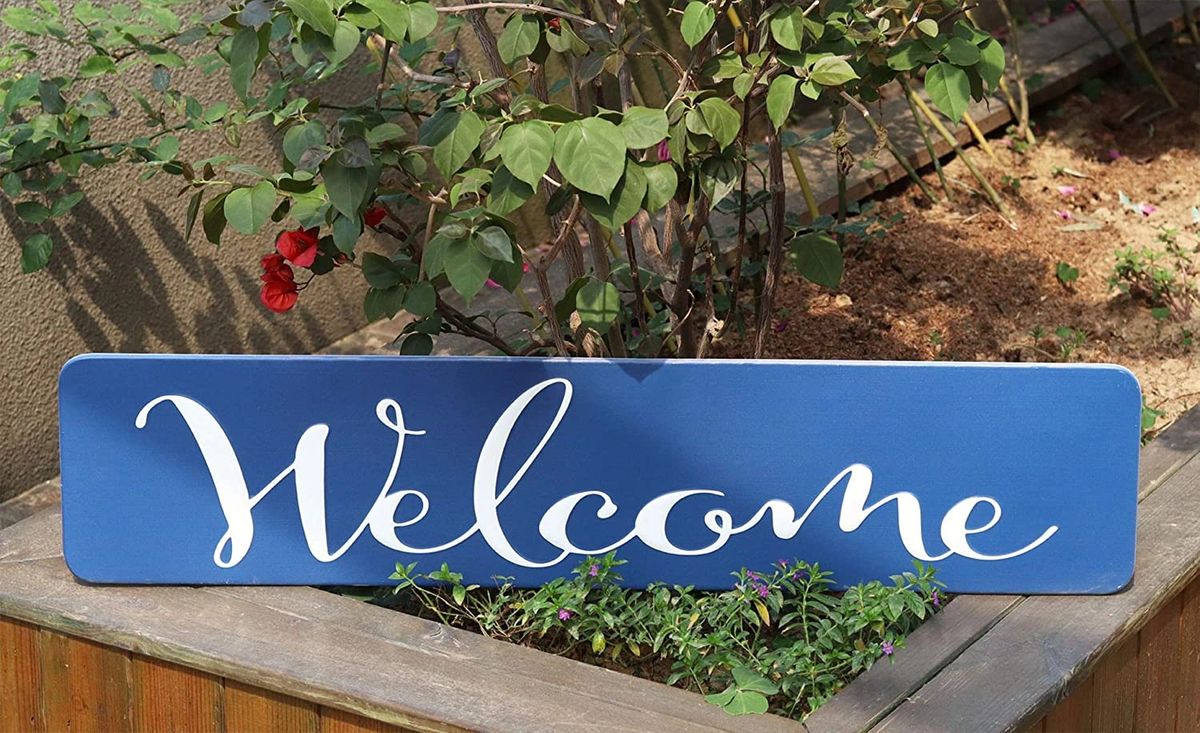 Horizontal Welcome Embossed Metal Sign-Blue