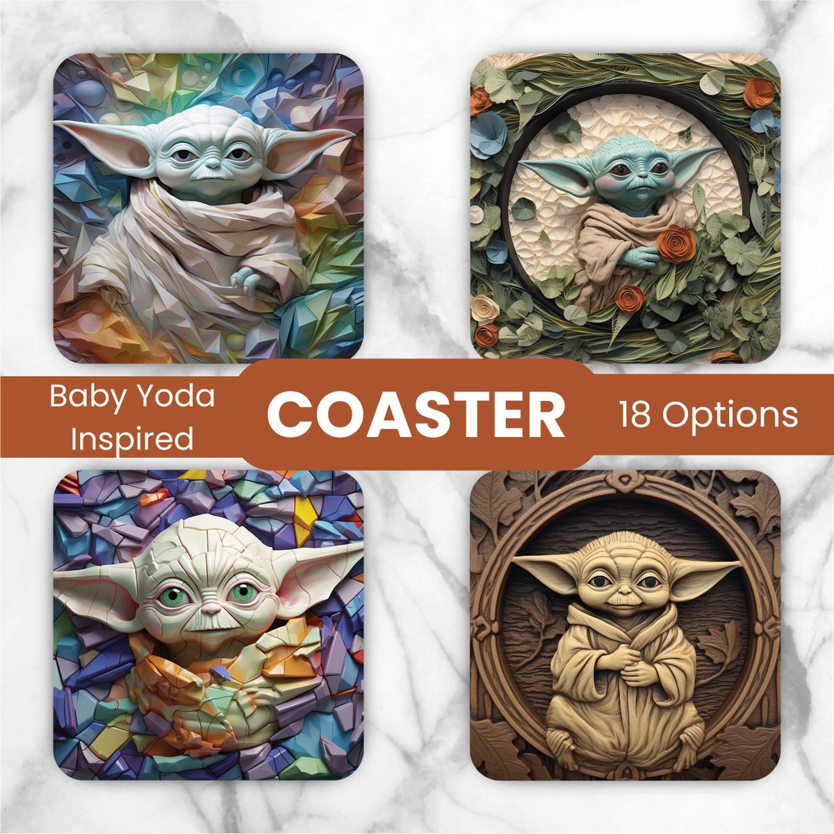 Baby Yoda Inspired 3D Look - Coaster available in 3 Sizes & 18 Design ...