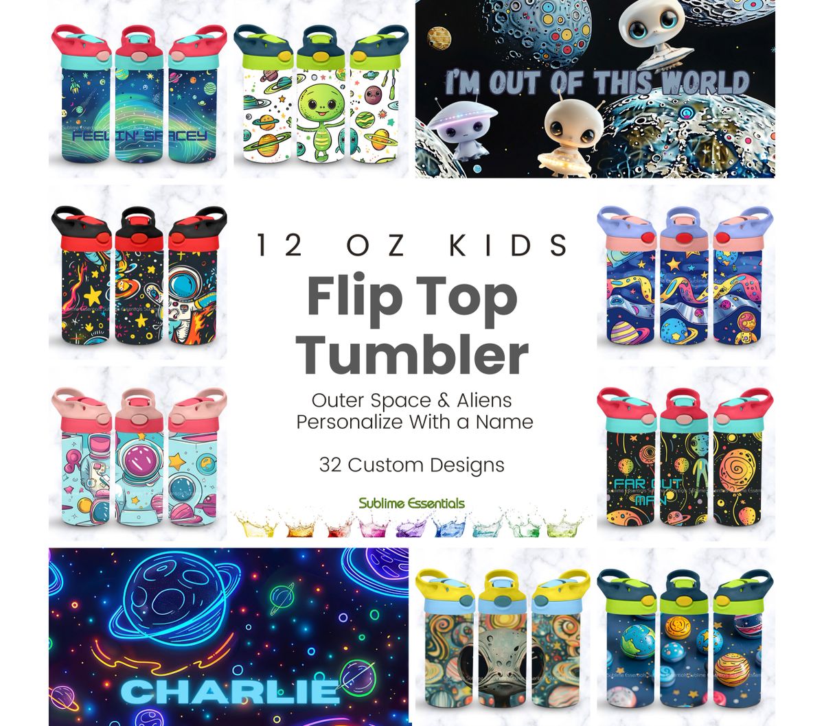 Outer Space & Alien Inspired - 12 Oz Kids Flip Top Handle Tumbler - 32 ...
