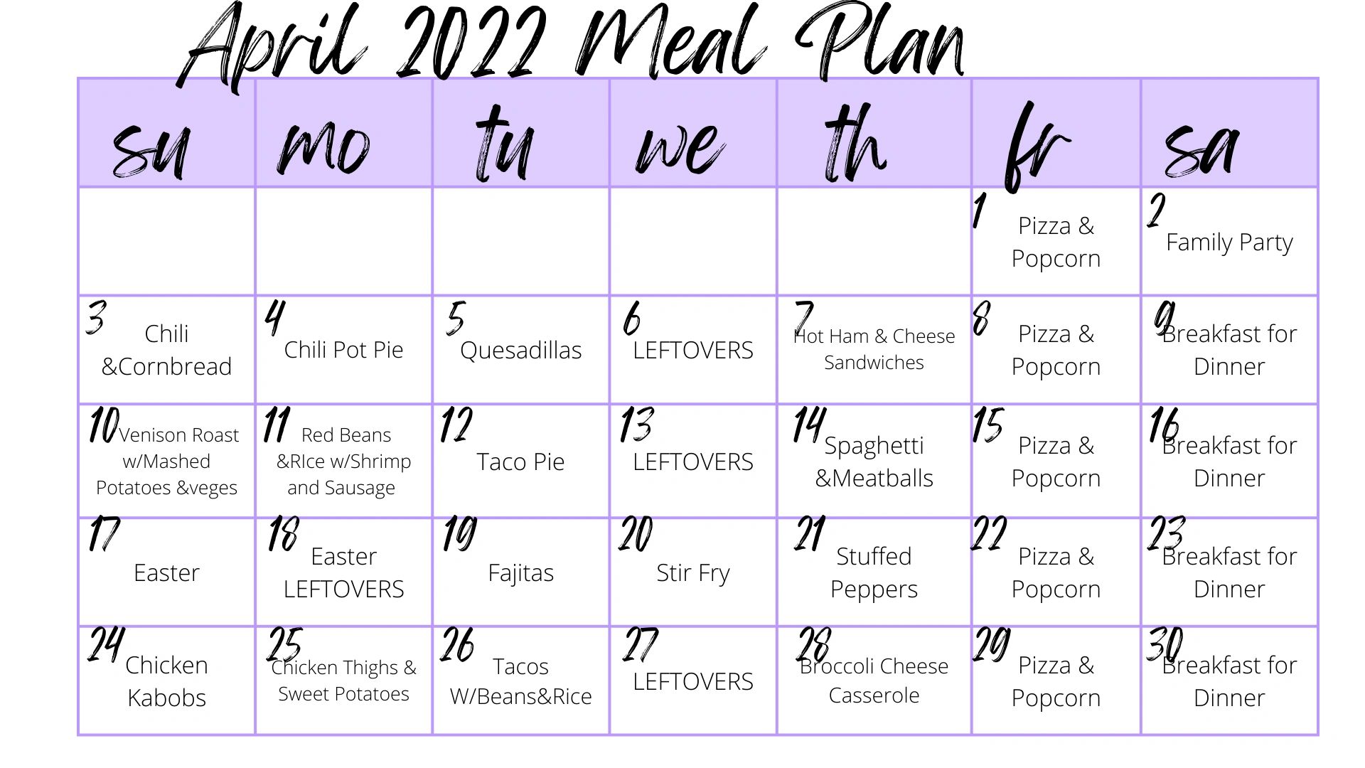 April 2022 Meal Plan - Free Template Printable