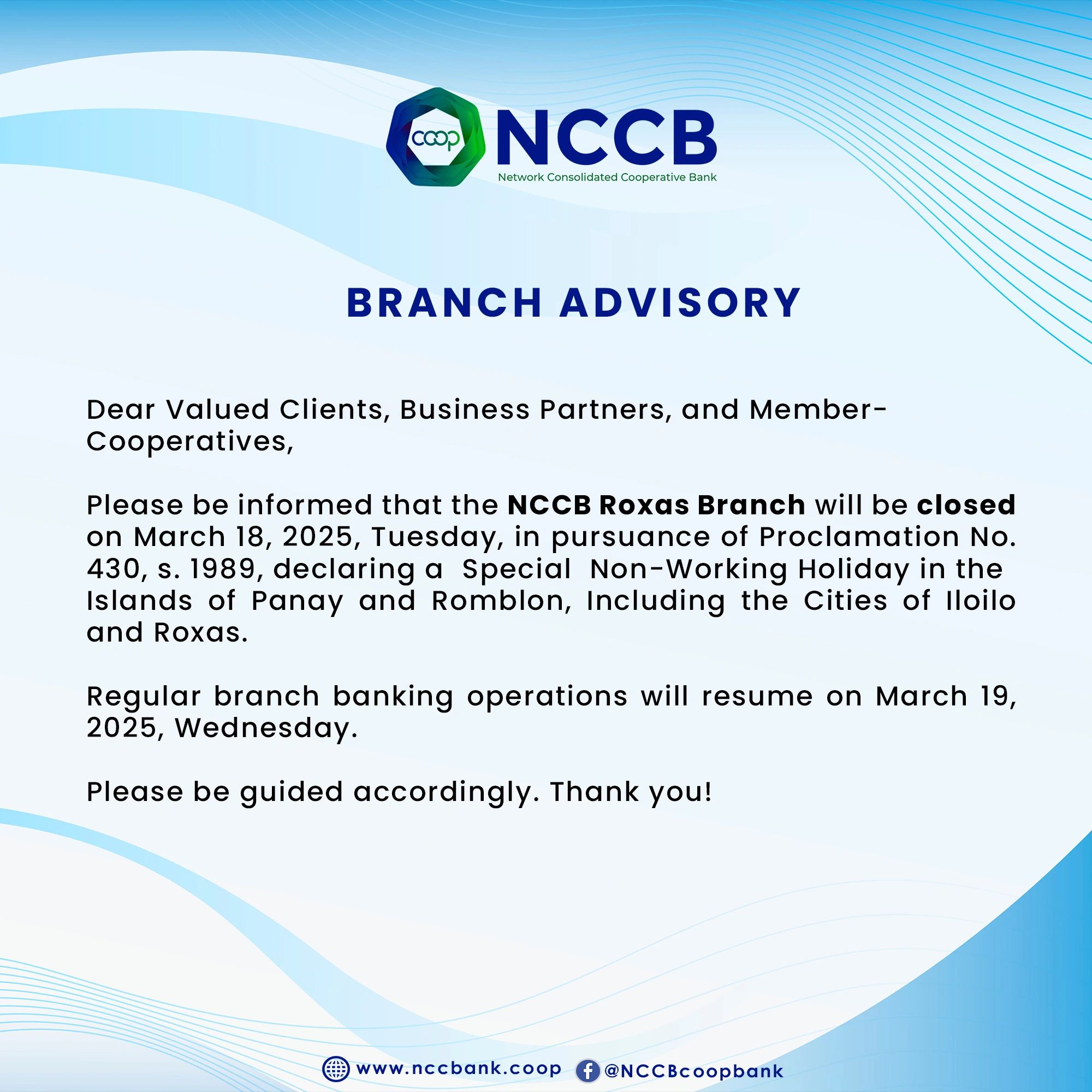 Bank Advisory: Roxas Branch March 18, 2025