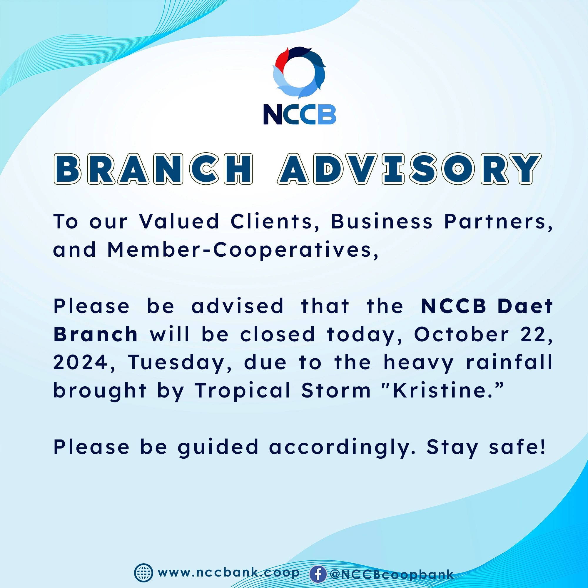NCCB Branch Advisory: Daet Branch - October 22, 2024