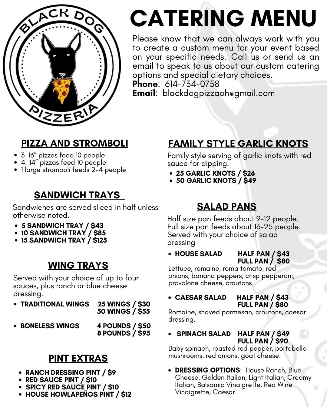 Catering Menu | Black Dog Pizza