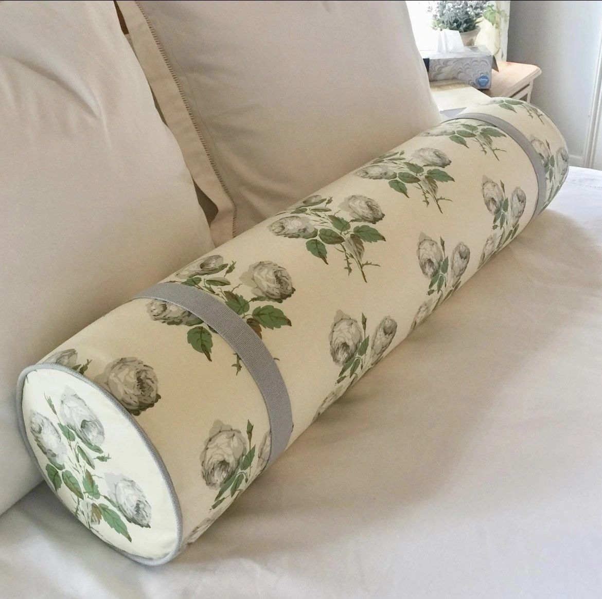 Bowood Chintz Bolster Pillow or Pillow Cover with blue trim