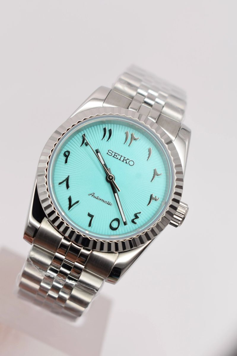 SEIKO CUSTOM MOD STRIPED ARABIC WATCH - TURQUOISE BLUE