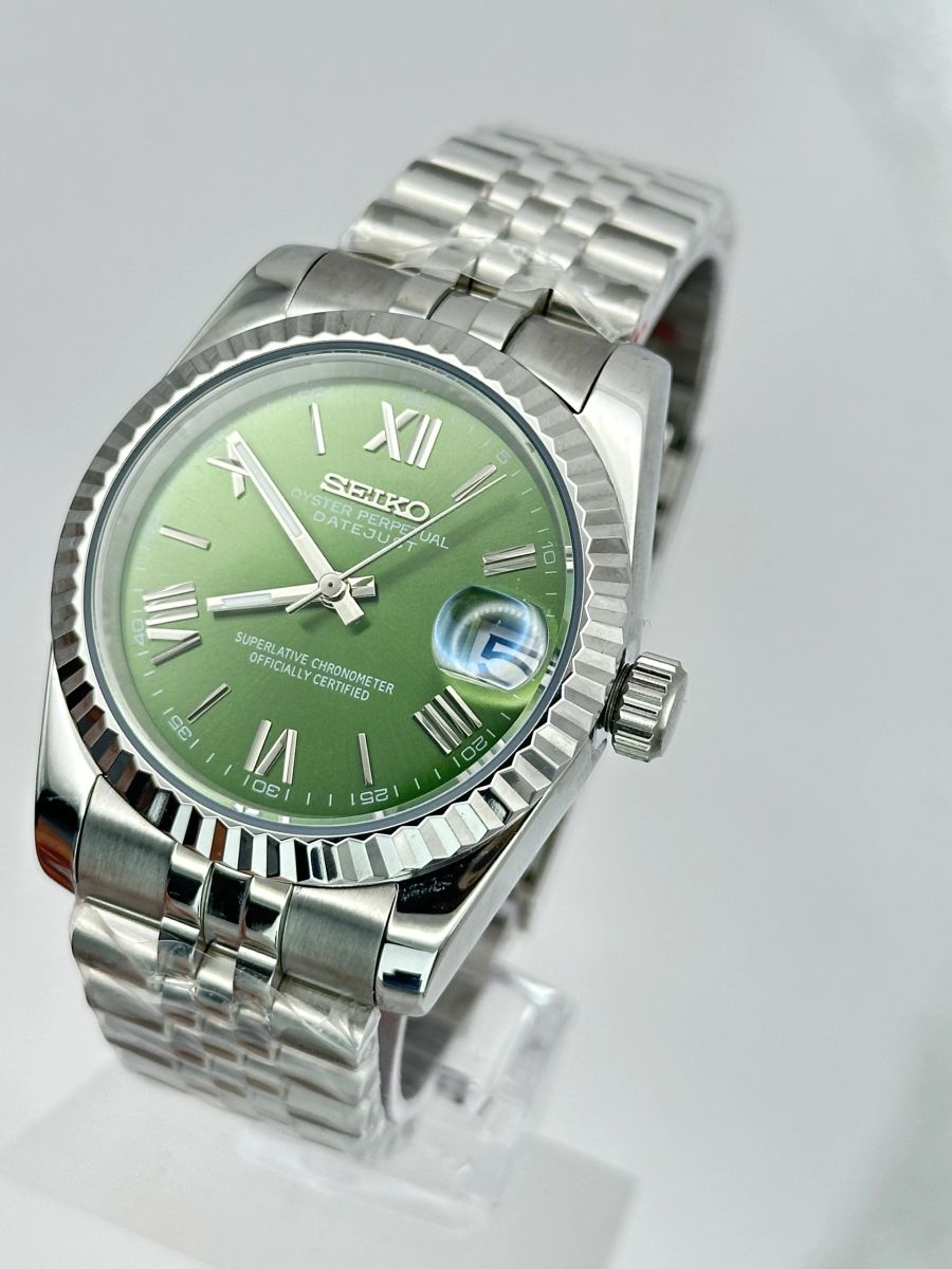 SEIKO MOD - CUSTOM ROMAN DATE WATCH - OLIVE GREEN