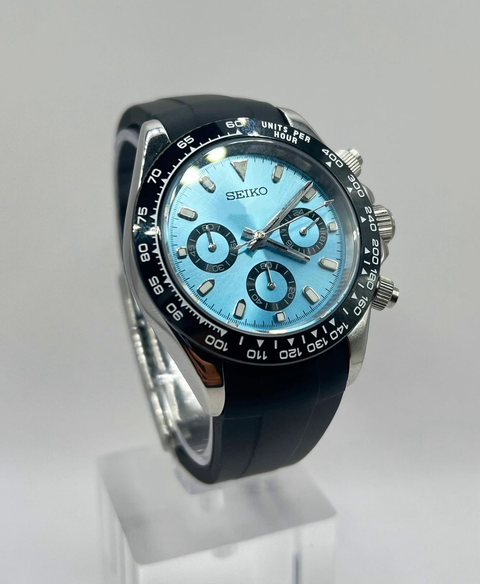 SEIKO CUSTOM MOD - CHRONOGRAPH WATCH - ICE BLUE (BLACK STRAP)