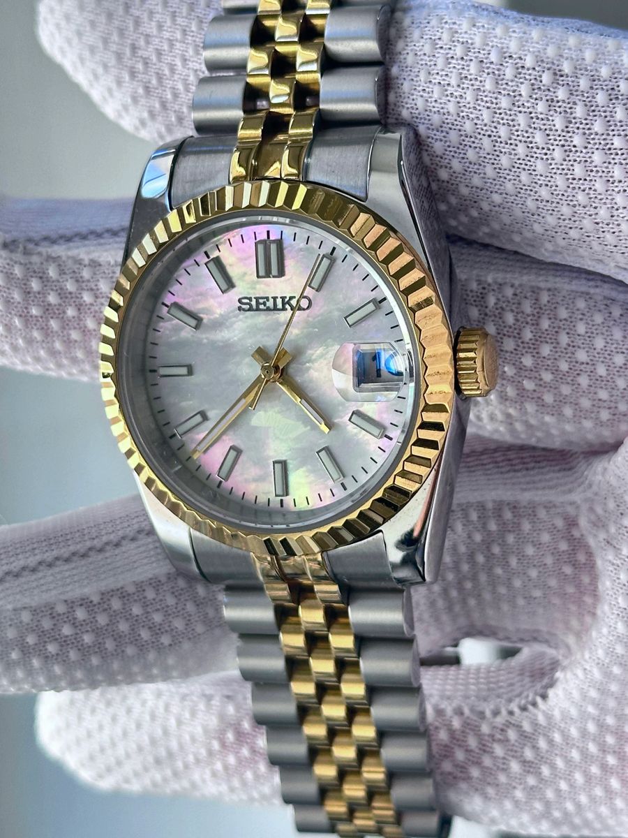 SEIKO MOD - CUSTOM DATE WATCH - GOLD MOTHER OF PEARL