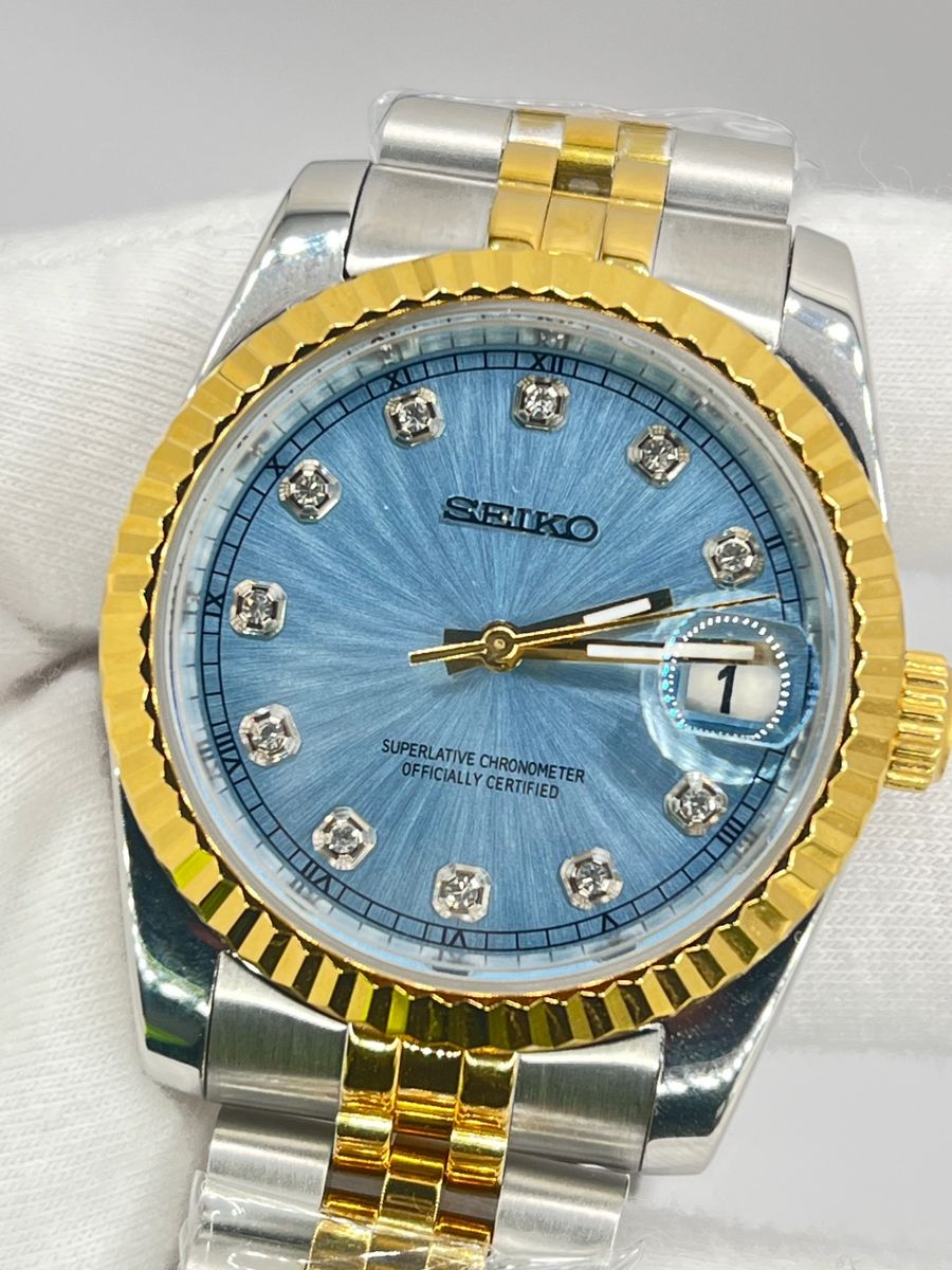 SEIKO CUSTOM MOD WATCH - DIAMOND DOT - ICE BLUE AND GOLD