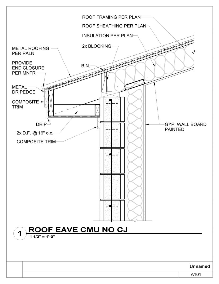 CMU EXTERIOR WALL - ROOF EAVE DETAIL AT VAULTED CEILING