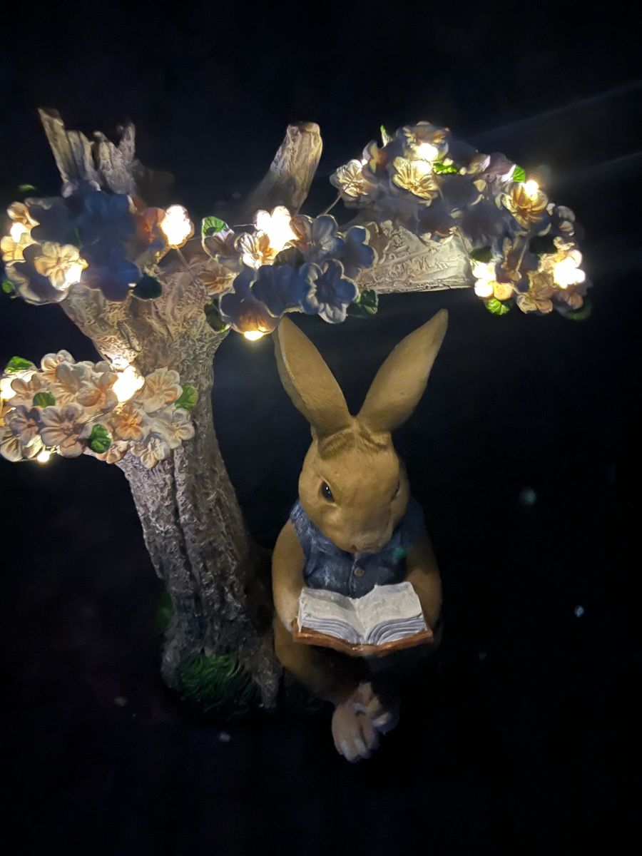 Cute Solar Bunny Rabbit Reading Book Under Light