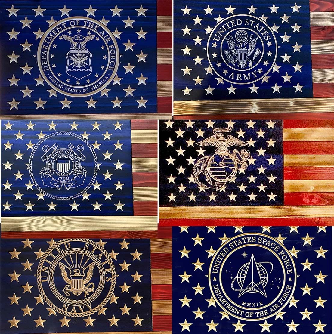 Bundle - Six Military Flags -Carved Stars & Emblem - all are 36"x19.5"