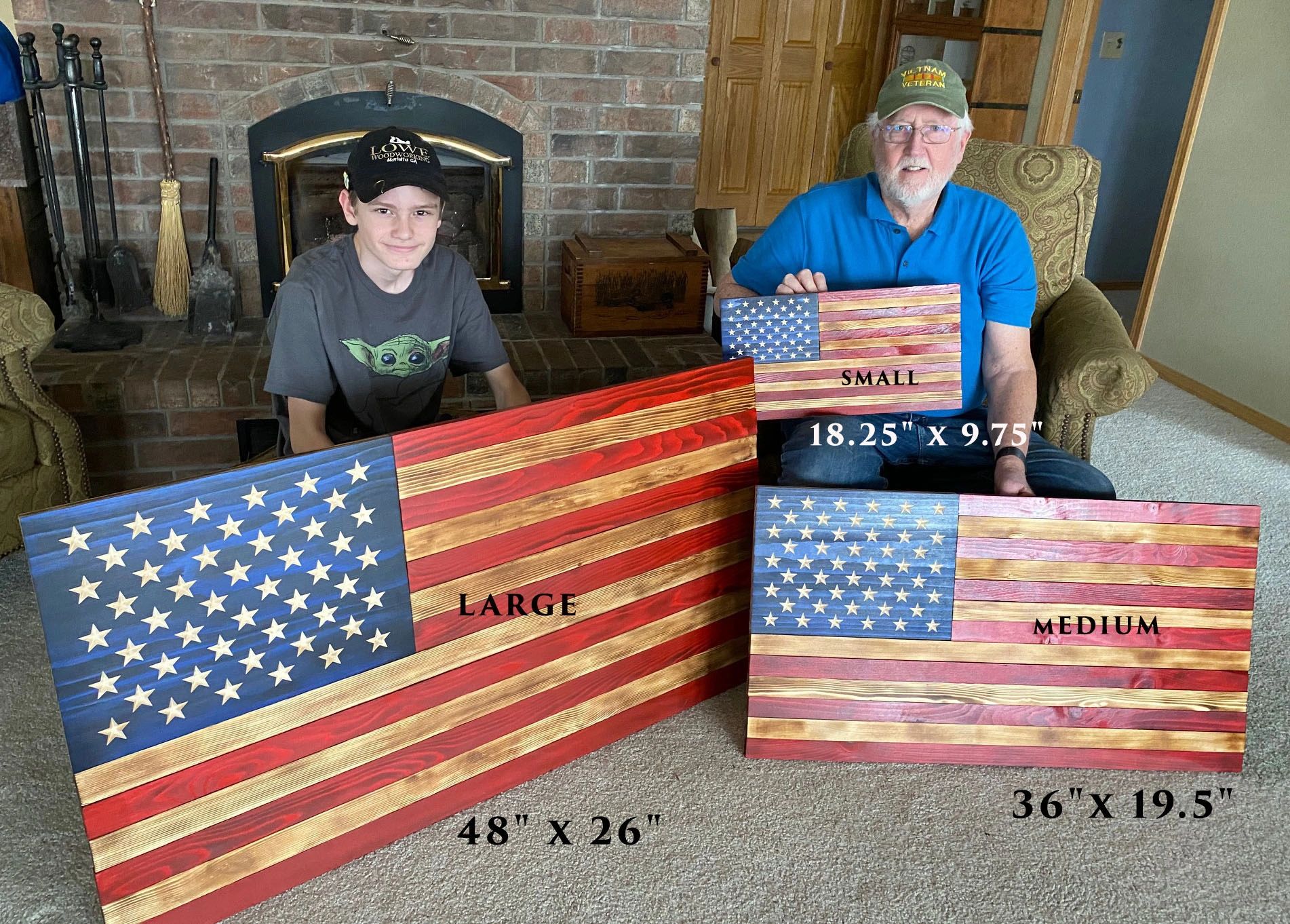 We offer three rustic wooden flag sizes.