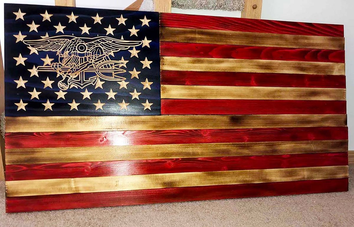 MILITARY WOODEN FLAGS emblems and stars are carved into the Union,