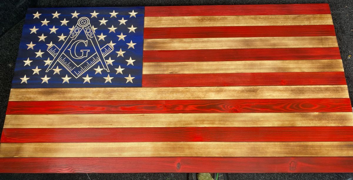 Masonic Rustic Wooden Small Size Flag with CARVED Stars and Emblem.