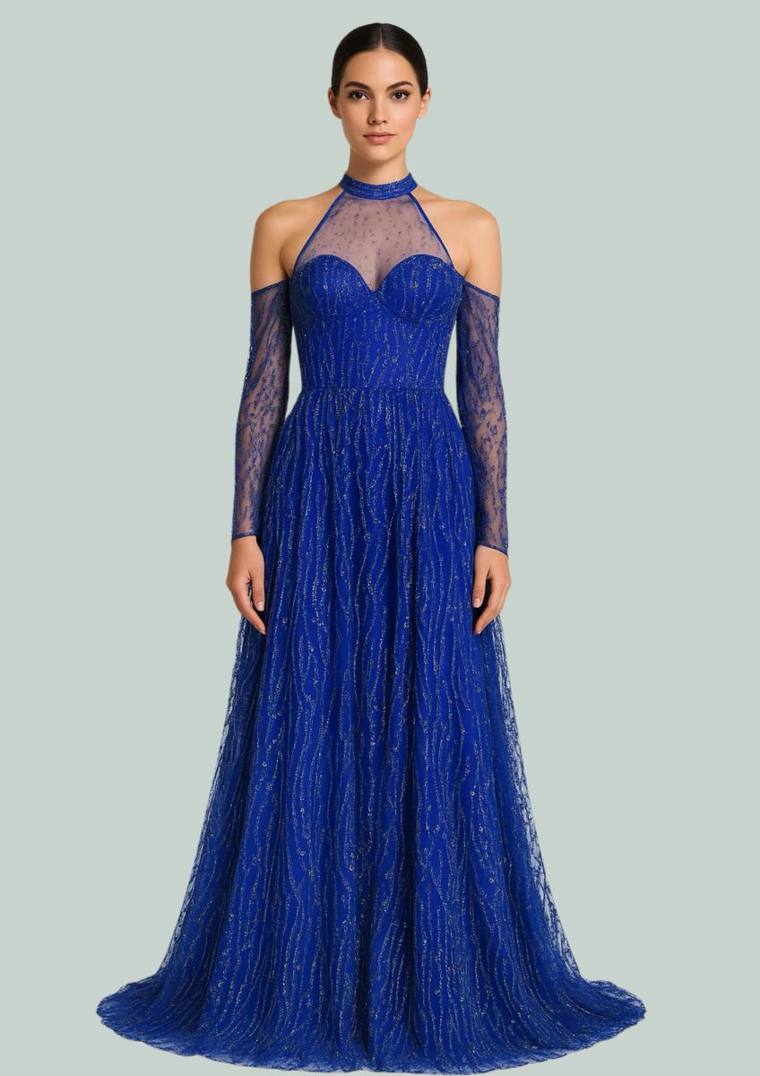 Princess and Princess Royal Blue Halter Gown with Sheer Sleeves
