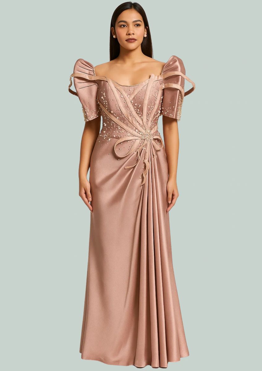 Edward Teng Blush Pearl-Embellished Filipiniana Gown