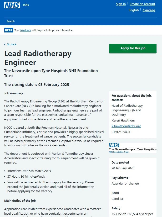 Vacancy: Lead Radiotherapy Engineer