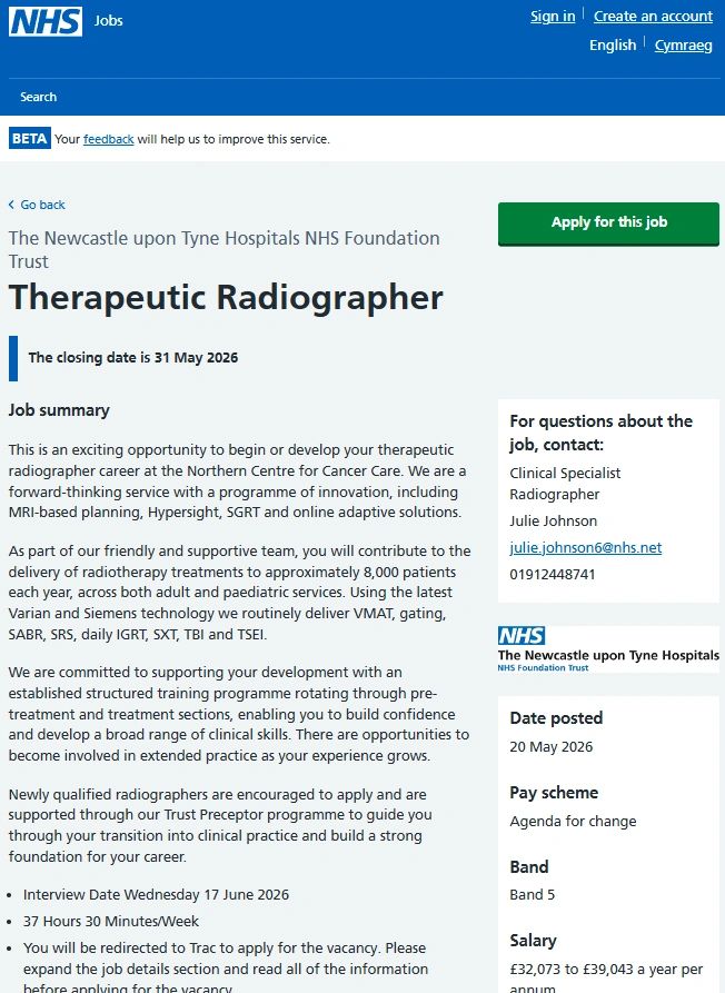 Therapeutic Radiographer Vacancy in Newcastle