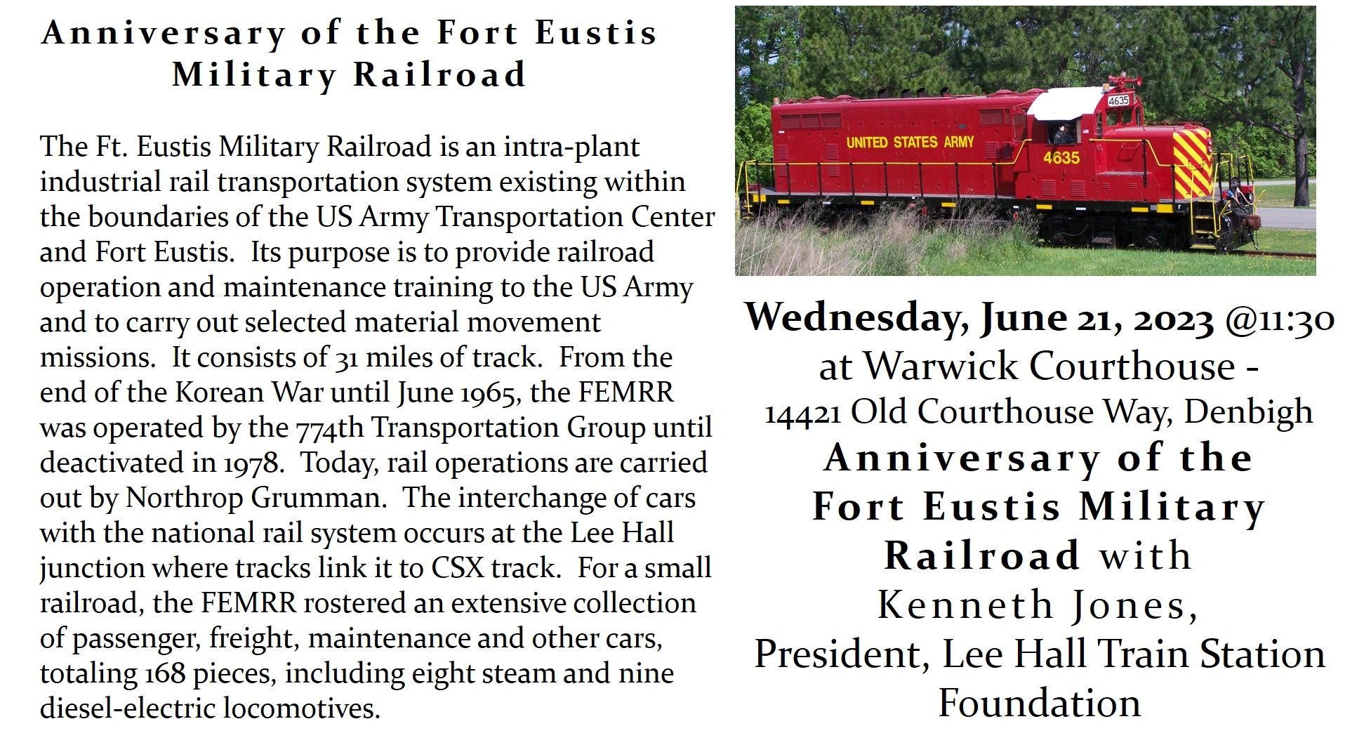 Anniversary of the Fort Eustis Military Railroad