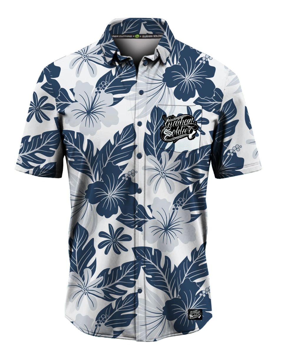 Guahan Soldier "Navy Blue & White Hibiscus" Button Down