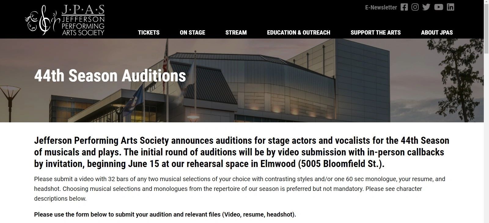 JPAS Announces Auditions for 44th Season
