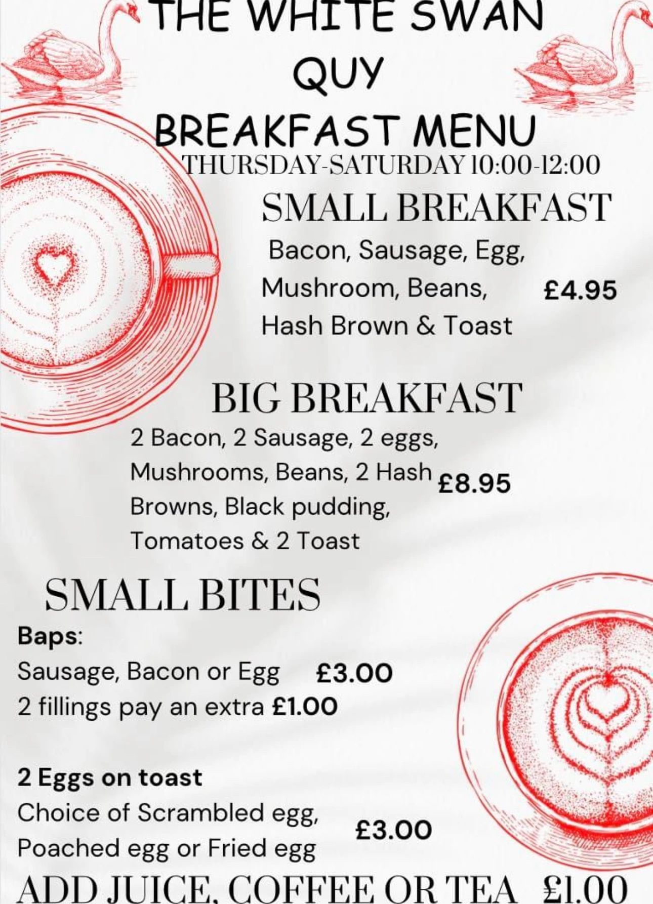 Menus | The white swan stow cum quy