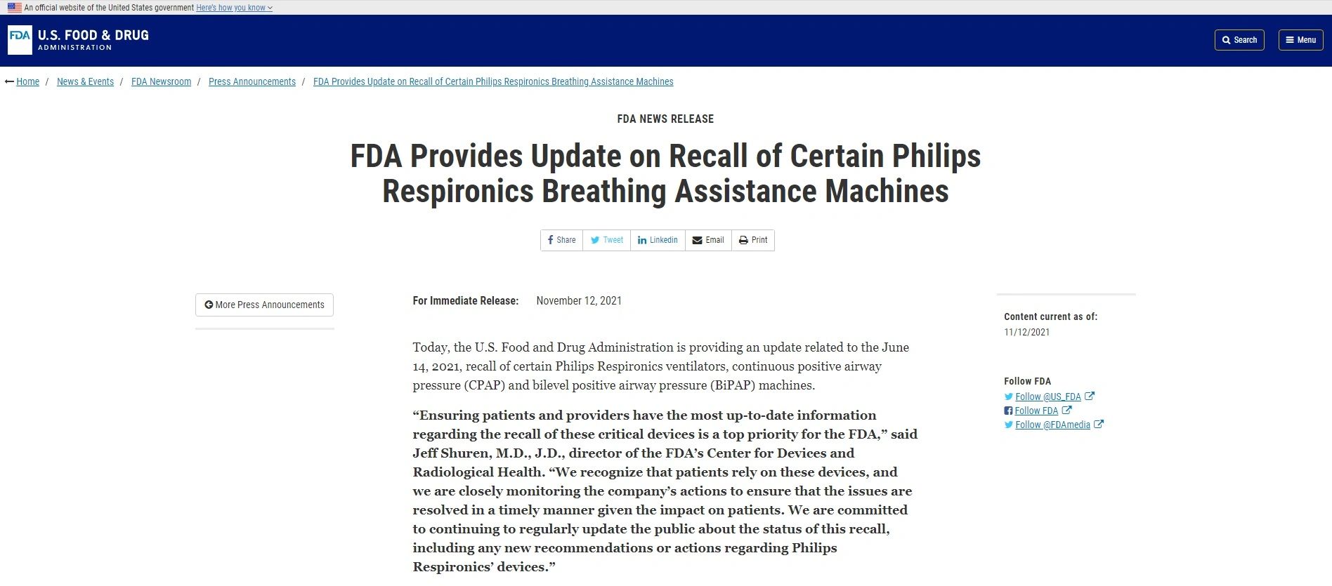 FDA Updates on Recall of Philips Respironics Breathing Machines