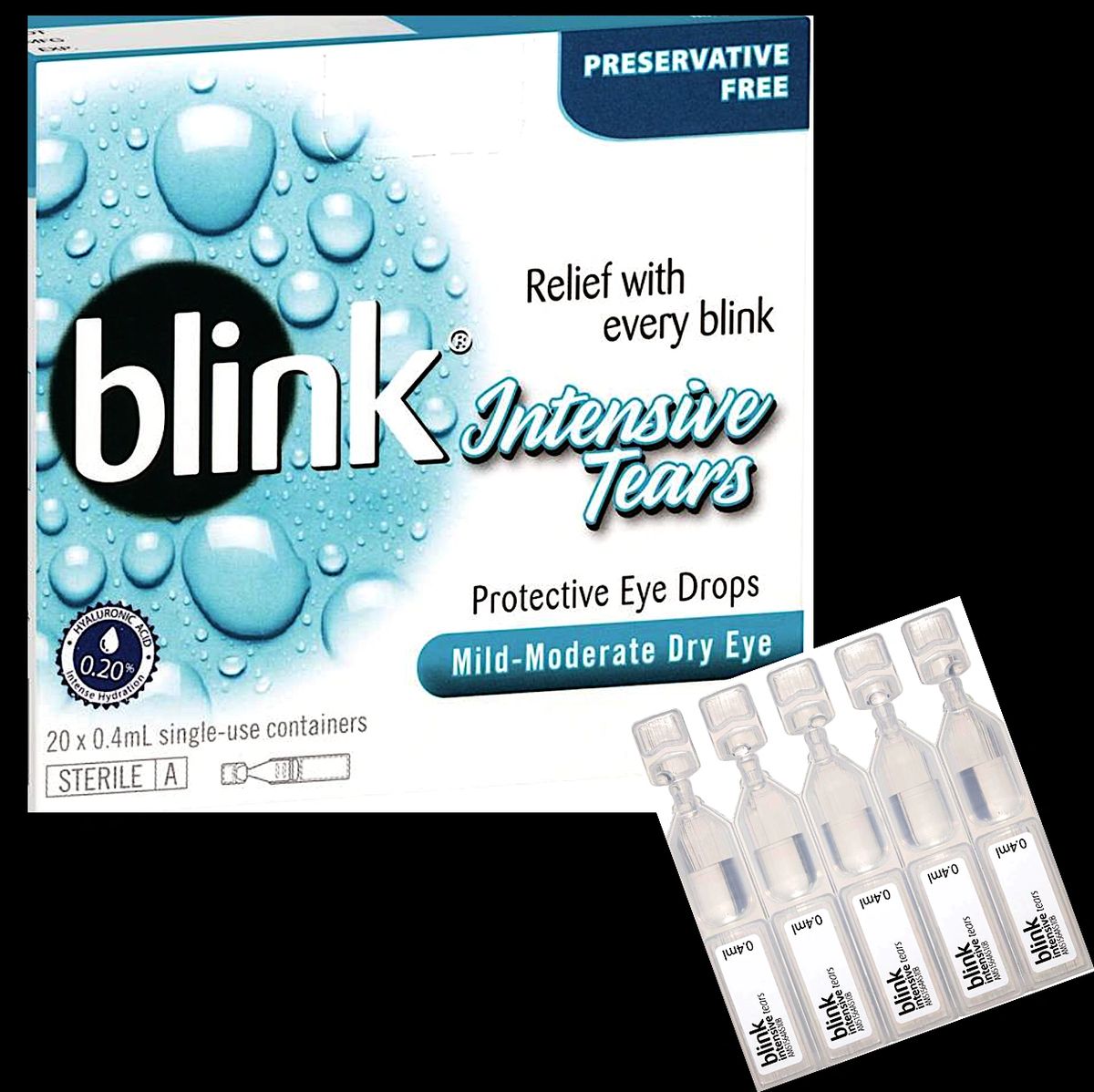 Blink Intensive Tears 20 x 0.4ml Vials Eye Drops - Dry Eyes