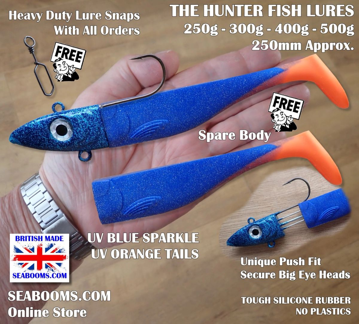 HUNTER FISH LURES BLUE SPARKLE UV ORANGE TAILS