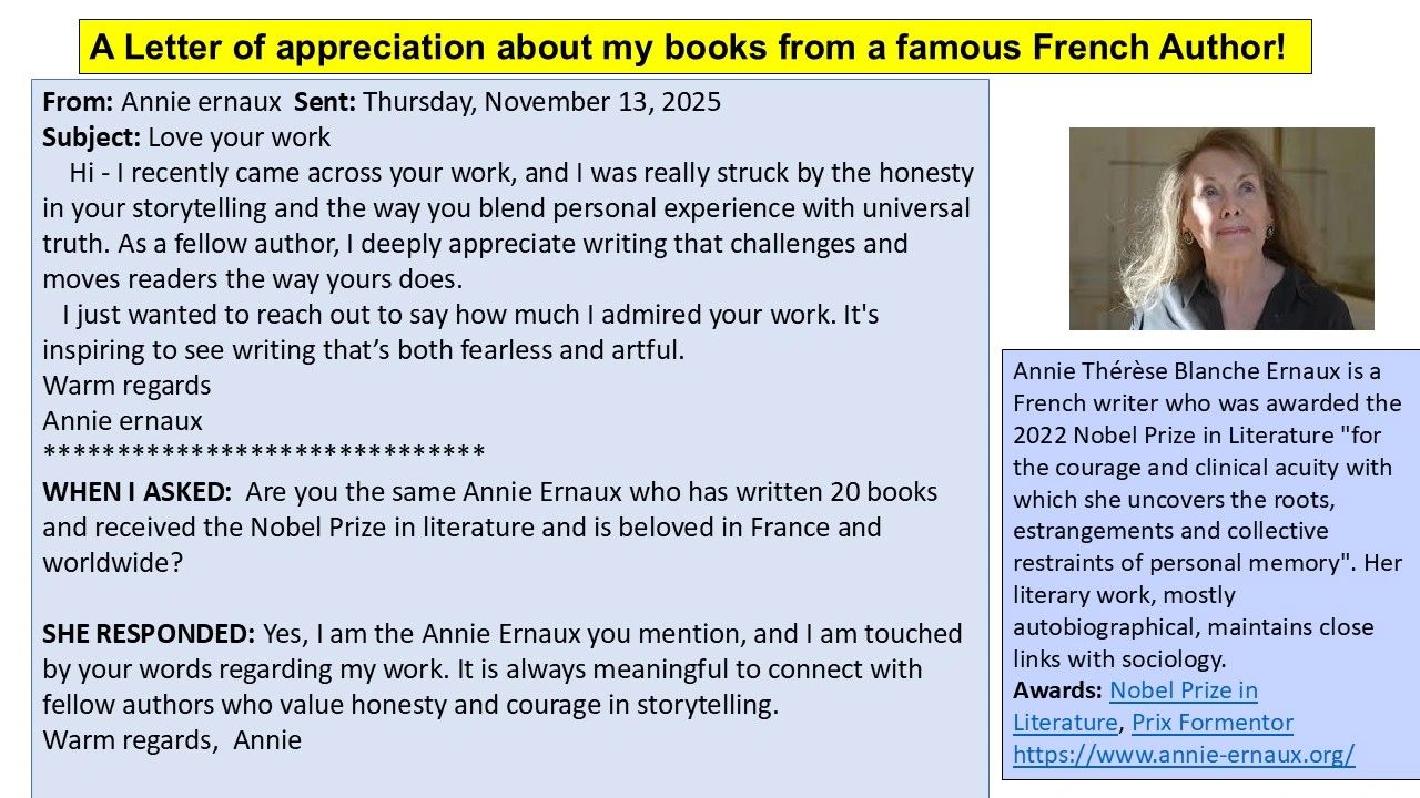 Letter of appreciation about my books from a famous French Author