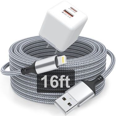 16 FT Extra Long iPhone Charger Cord w/Dual Port Wall Charger Plug