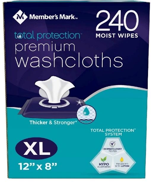 Members Mark Adult Washcloth Disposable Moist Wipes 12" x 8", 240 Count