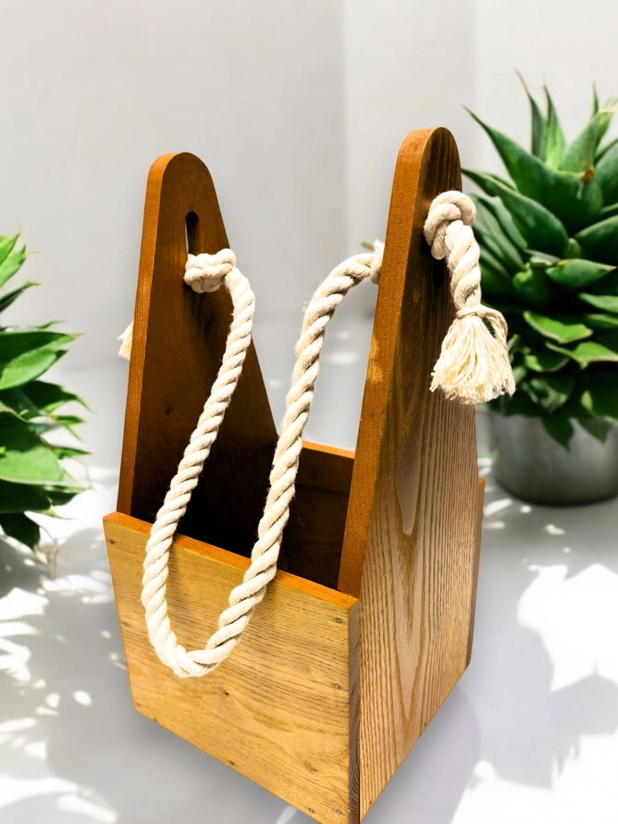 Rustic Wooden Caddy with Rope Handle
